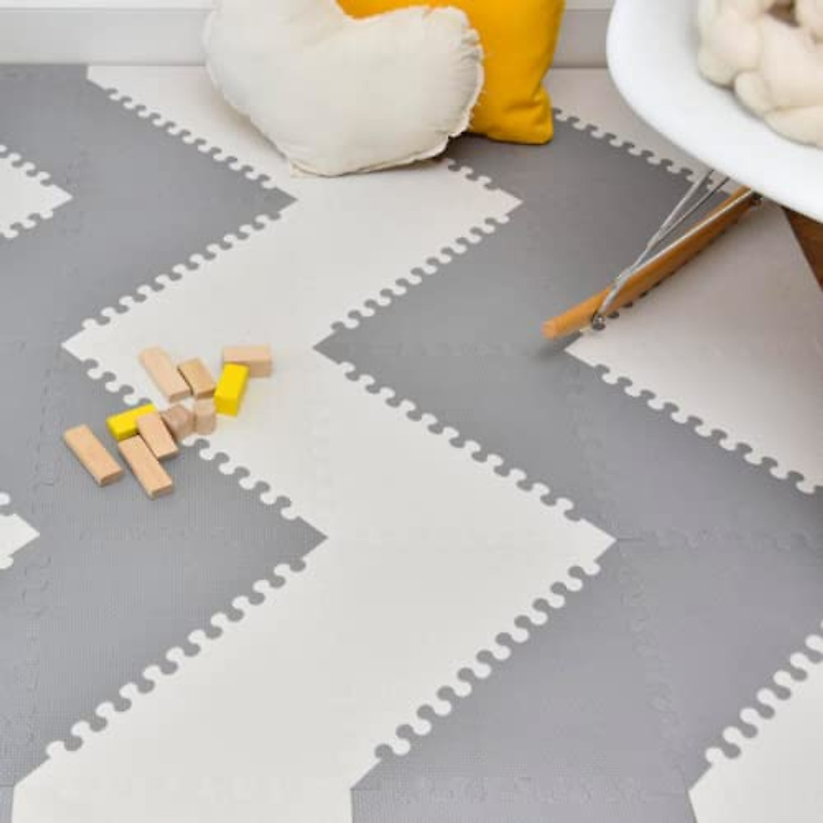 Baby Play Mat Nordic Toddler Puzzle PlayMat 72Pcs 51.2 In x 64 In Foam Floor Mats for Kids and Babies Triangles EVA Foam Interlocking Tiles to assemble different designs Little Fun Soft Non-Toxic Grey