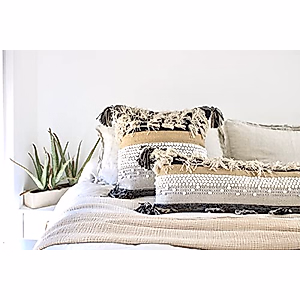 CASA BOHO Cover Decorative lumbar , throw pillow for Bed Long Pillow for Couch Bolster Pillow Boho Room Decor Pom Pom , 12x34 Black Tan