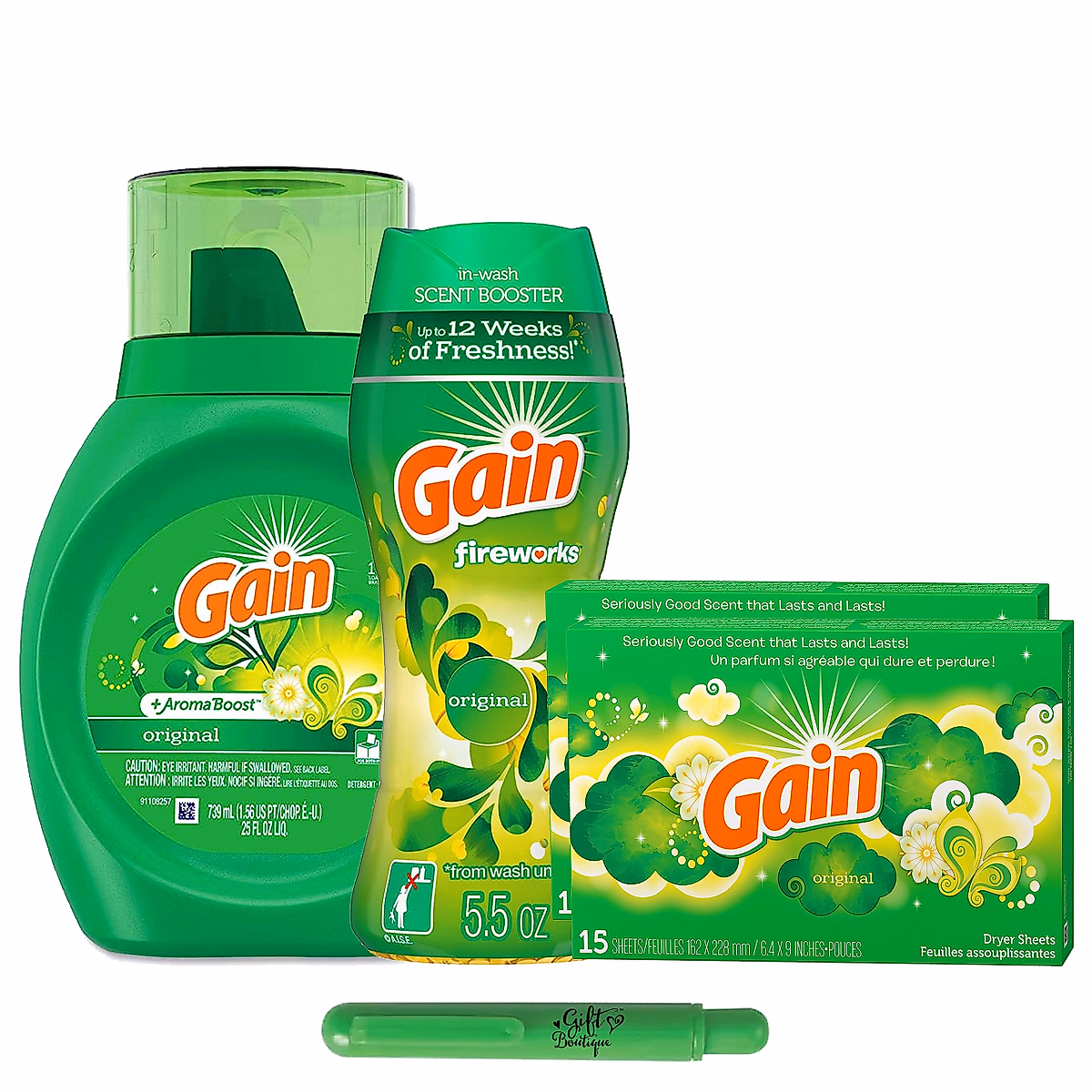 Gain Laundry Detergent Bundle with Gain Detergent, Fireworks Scent Booster, Dryer Sheets and Gift Boutique Lint Stick, For Travel, Dorm Room Supplies, First Apartment, 5 Pack