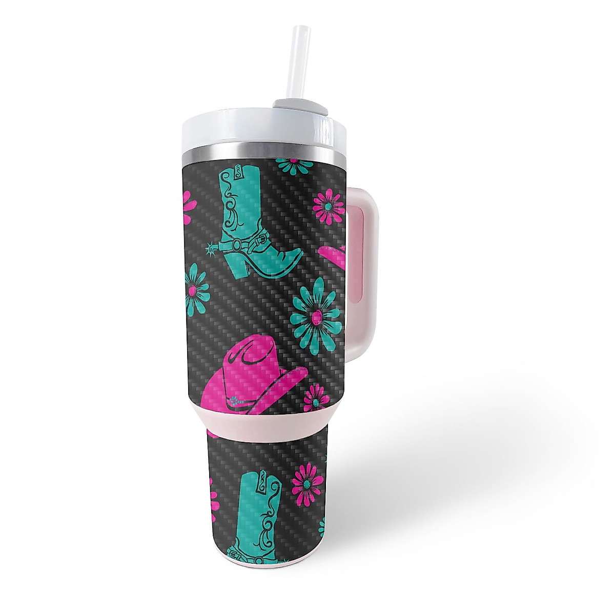 MightySkins Carbon Fiber Skin Compatible with Stanley The Quencher H2.0 FlowState 40 Oz Tumbler - Neon Cowgirl | Protective, Durable Textured Carbon Fiber Finish | Easy to Apply