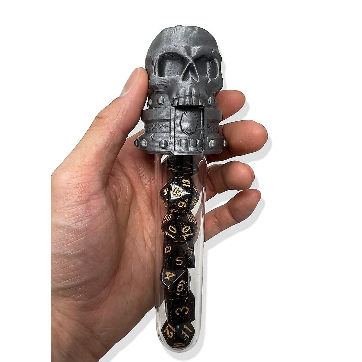 MunnyGrubbers - Skull Potion Vial Dice Holder - (Random 7PCS D20 Dice Set Included) - Dice Storage and Display - Tabletop RPG - Dungeons and Dragons - DND - D&D - (Silver)