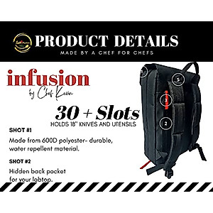 Infusion by Chef Kevin Knife Backpack | 30+ Slots for Knives & Utensils up to 18'' Padded Straps Hidden Back Pocket Computer Durable Spacious Modern| Water Repellant Chefs Culinary Students, Black
