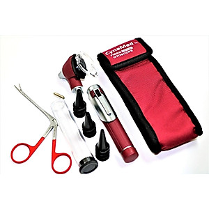 Premium Student Home Use Led Bright Light ENT Diagnostic Otoscope Pocket Size Burgundy Plus Alligator Ear Nose Forceps Plus 1 Extra Replacement Bulb Cynamed