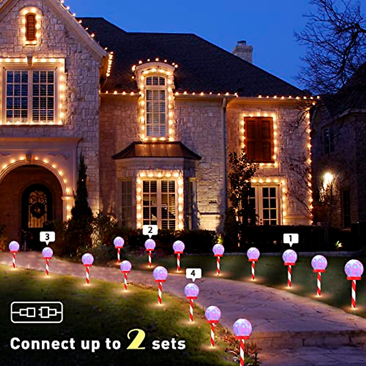 EAMBRITE 4PK RGB Ball Candy Cane Pathway Markers Light with Rotating Projector Waterproof Outdoor Stake Lights Decorative for Pond Garden Patio Landscape