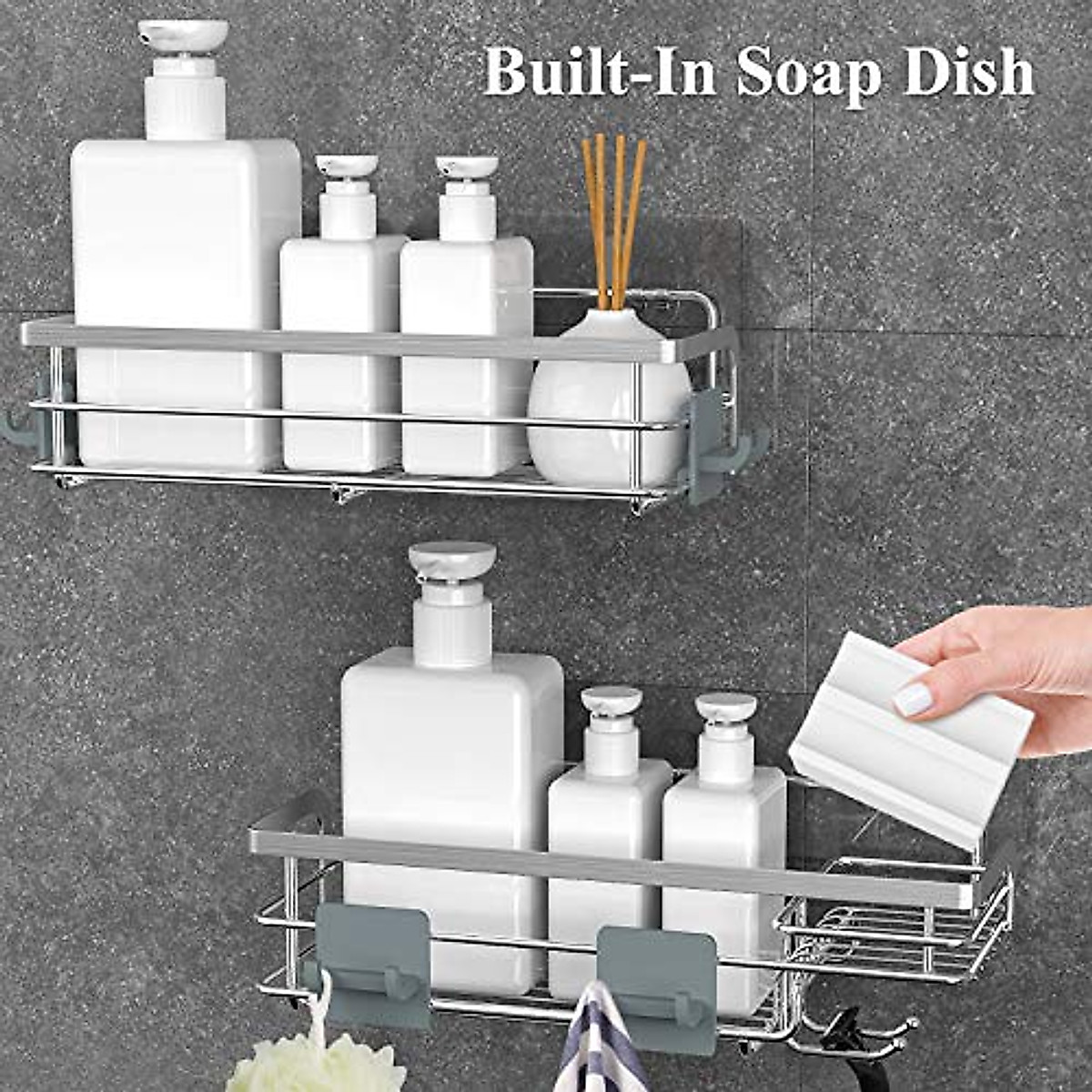 Nieifi Shower Caddy with Built In Soap Holder Dish with Hooks, Shower Shelf Organizer Basket Rack Storage Rustproof Adhesive Washroom Bathroom Shelves, Drill Free 2 Pack