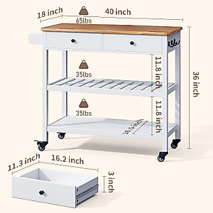 Gizoon Kitchen Island Cart on Wheels with 40'' Wood Tabletop, 2 Open Tiers Spacious Storage Shelves and Towel Rack, Rolling Utility Cart with 3 Side Hooks and 2 Drawer for Dining Room, Bar, White