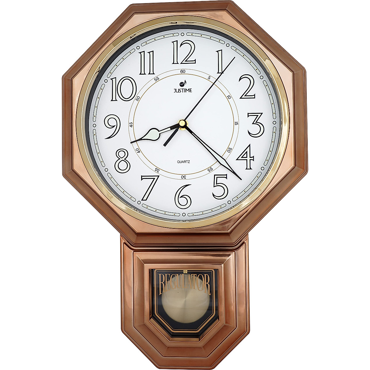 JUSTIME Traditional Schoolhouse Pendulum Luminous Wall Clock Chimes Hourly with Westminster Melody Made in Taiwan, 4AA Batteries Included (PP0262-L Vintage Bronze)