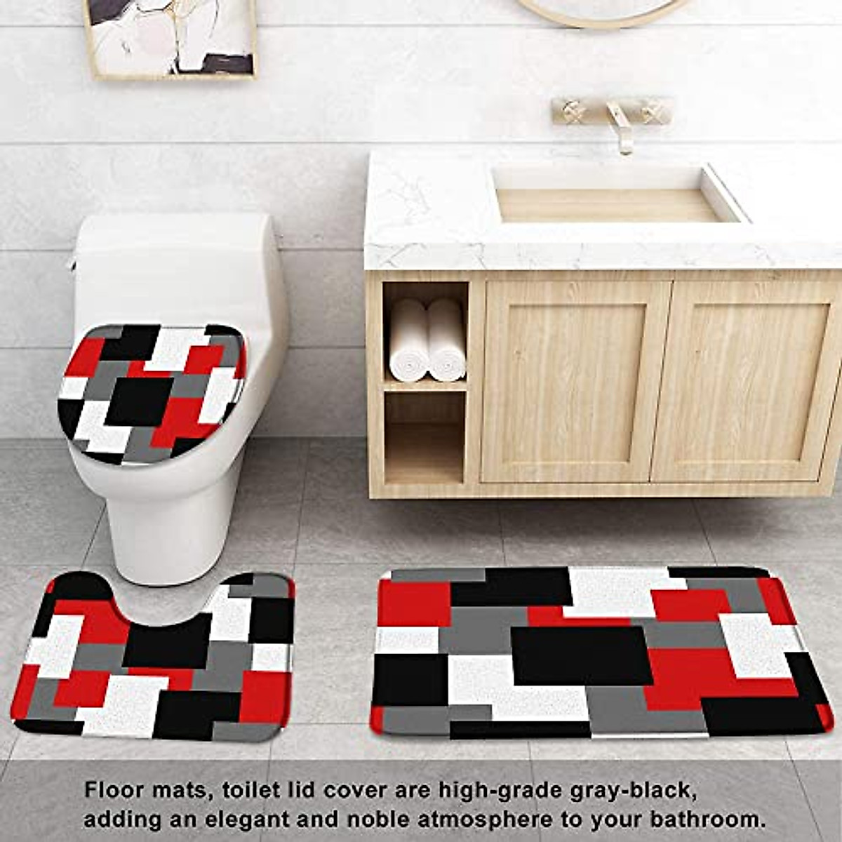 FEIERMAN 3 Pcs Red Black Bath Mat White Gray Abstract Geometry Pattern Microfiber Memory Foam Bath Kitchen Living Room Foyer Decor Rug 18x30 Inch
