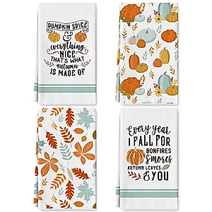 AnyDesign 4 Pack Fall Kitchen Dish Towel Thanksgiving Leaves Pumpkins Tea Towels 18 x 28 Inch Autumn Rustic Vintage Fall Harvest Dishcloth Hand Drying Cloth Towel for Holiday Kitchen Cooking Baking