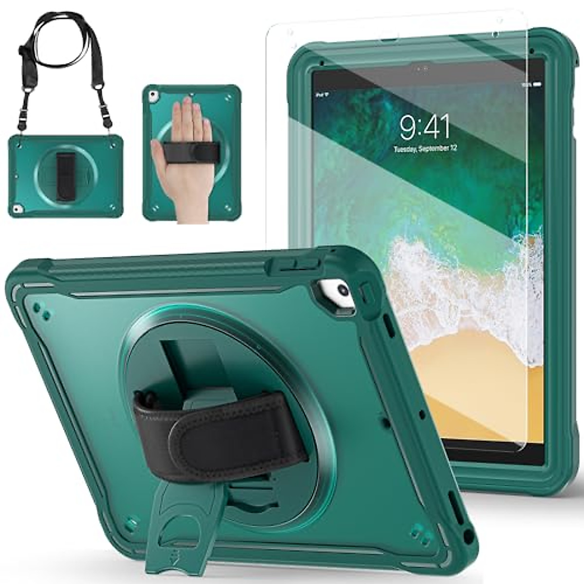 BRAECNstock for iPad Case 9.7 inch iPad 6th Gen 2018/5th Gen 2017/iPad Air 2/Pro,Shockproof Cover with Kickstand&Screen Protector,Kids Case with Pen Holder/360°Rotate Stand+Hand Strap-Midnight Green
