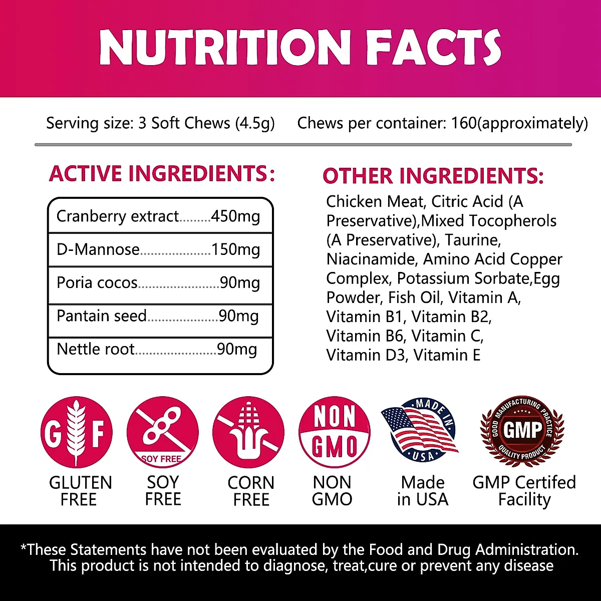Cranberry Bladder Health for Dogs - Dog Antioxidant- 160 Cranberry Soft Chew Supplements for a Healthy Urinary Tract and Bladder Control – Made with Cranberry & D-Mannose & Vitamins (Chicken Flavor)