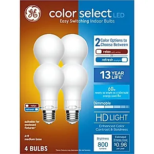 GE A19 LED Bulbs, 60W Equivalent, 2CCT Color Select Relax Soft White | Refresh Daylight, Enclosed Fixture Rated, 8W, 800 Lumens, Glass, Dimmable, UL Listed, E26 Medium Base (4 Pack)