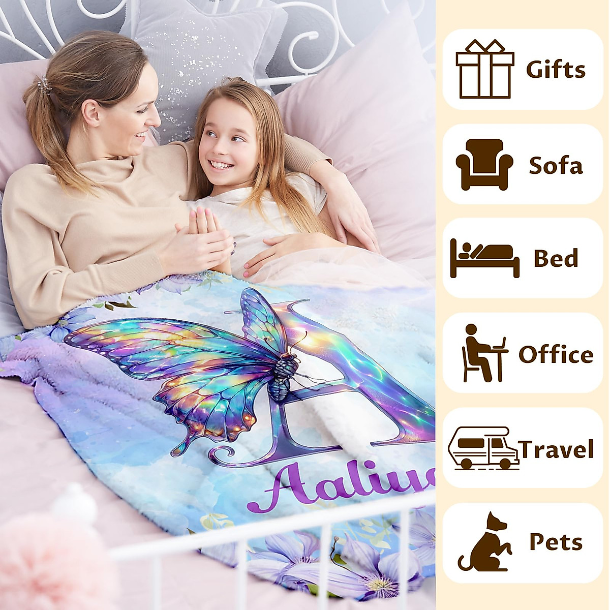 Custom Name Blanket from Your Name, Monogram Blanket for Girls Women, 50 x 40 Inches Soft Flannel Throw Blanket for Kids Butterfly Lovers, Personalized Initial Letter Throws for Sofa Office