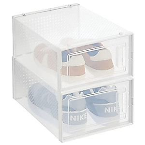 mDesign Stackable Plastic Closet Storage Box with Side Opening Panel- for Organizing Mens and Womens Shoes, Booties, Pumps, Sandals, Wedges, Flats, Heels, and Accessories, 2 Pack - White/Clear