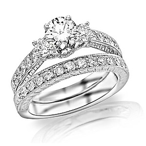 1.53 Carat Three Stone Vintage With Milgrain & Filigree Bridal Set with Wedding Band & Diamond Engagement Ring 14K White Gold with a 0.5 Carat H-I VS2-SI1 Round Brilliant Cut/Shape Center