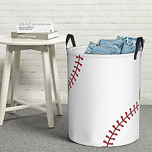 Red Stitching Baseball White Round Laundry Hamper Storage Basket Toys Clothes Organizer Bin For Home Bathroom Bedroom Dorm Nursery, 62L