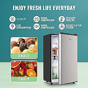 WANAI Mini Fridge with Freezer 3.2 Cu.ft Single Door Small Refrigerator with 5 Temp Adjustable Control Silver Freestanding Compact Refrigerator Energy-efficient, for Home Kitchen Apartment Dorm Office