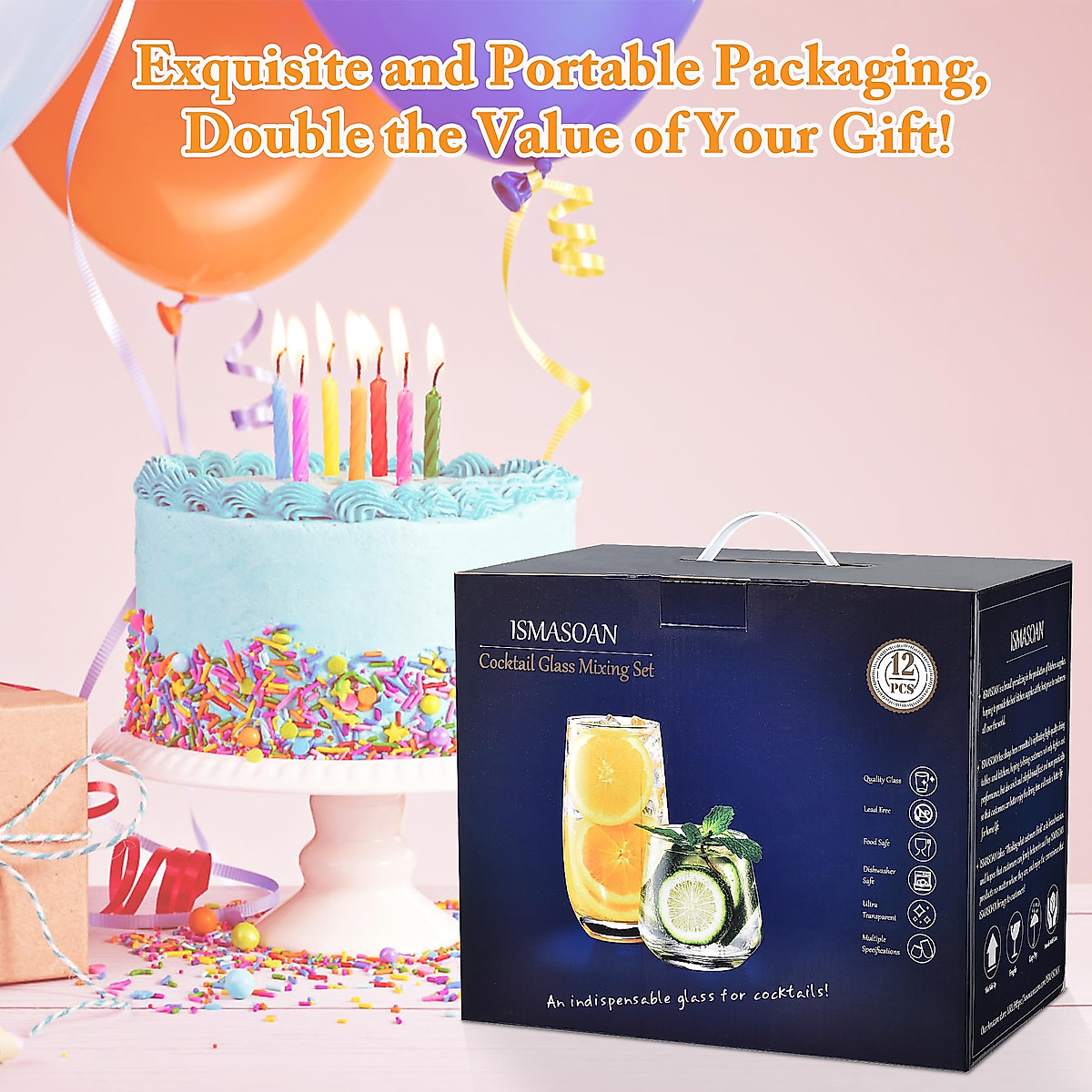 ISMASOAN Drinking Glasses Set of 12-6 Tall Glass Cups 17 oz and 6 Short Stemless Wine Glasses 10 oz,Glass Sets for Drinking,Glassware Sets,Drinkware Glasses Set,Mojito Glass, Gift Box Set