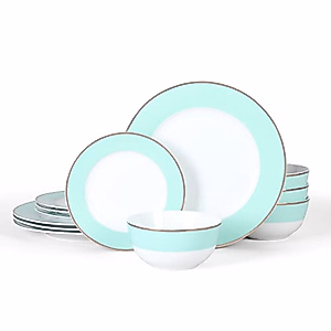 Martha Stewart Gracie Lane Porcelain Decorated Dinnerware Set - Martha Blue w/Gold Rim, Service for 4 (12pcs)