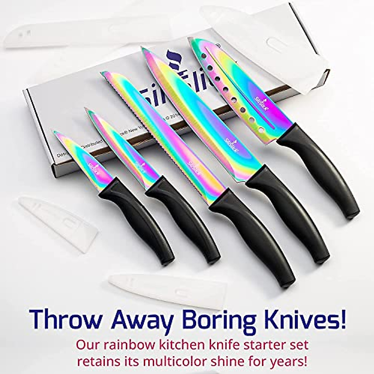SiliSlick Kitchen Knife Set, Titanium Coated Stainless Steel Colorful Blades, Chef, Bread, Santoku Utility & Paring Knives, Magnetic Mounting Rack & Portable Sharpener