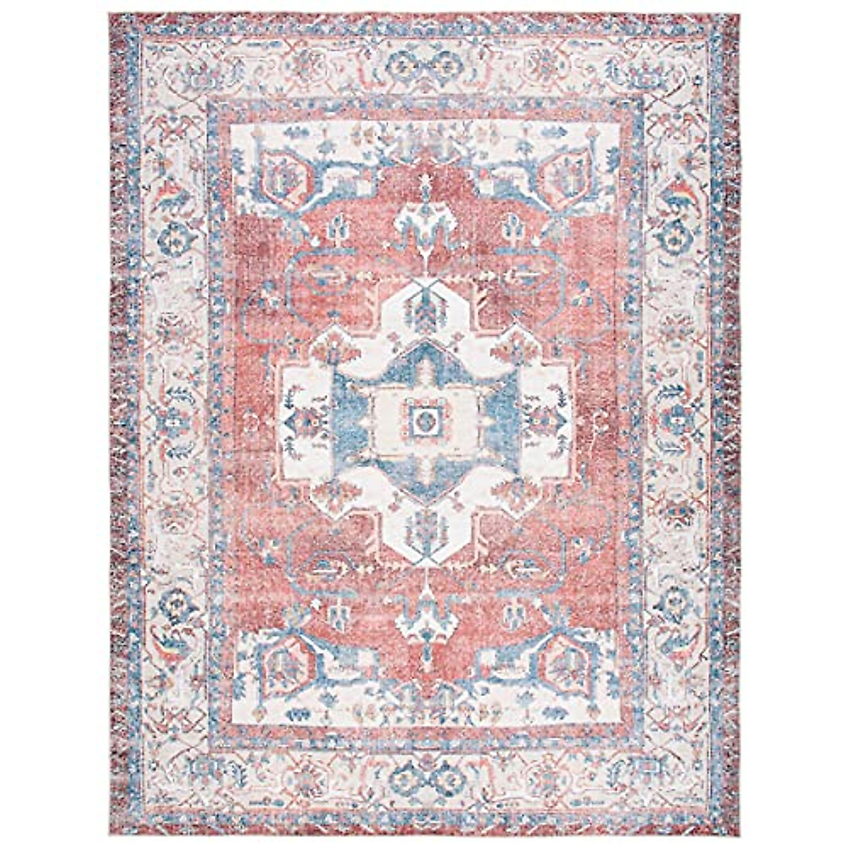 SAFAVIEH Serapi Collection Machine Washable 9' x 12' Red/Ivory Boho Chic Oriental Medallion Living Room Bedroom Dining Area Rug