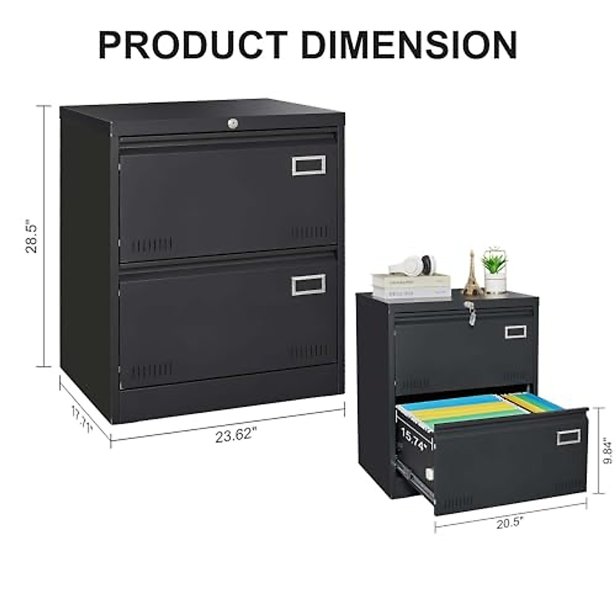 Mdhitsox Lateral File Cabinet with Widened Drawer, Metal File Cabinet with Lock, Filing Cabinet for Home Office, Lockable File Storage Cabinets for Legal/Letter/A4 (2 Drawer, Black)