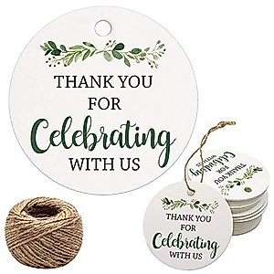 Thank You for Celebrating with Us Tags, 100Pcs Greenery Thank You Tags for Wedding Birthday Baby Shower Party Favors, Paper Gift Tags with 100 Feet Jute String