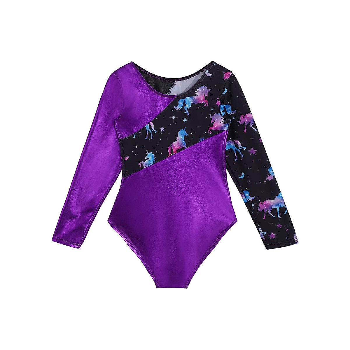 Fldy Kids Girls Shiny Metallic Gymnastics Leotards Long Sleeves Sparkly Ballet Dance Costumes One Piece Bodysuit Dancewear Purple 14 Years