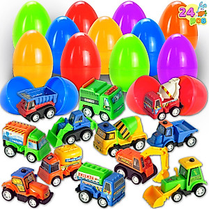 JOYIN 24 Pcs Prefilled Easter Eggs 3.2'' with Toy Cars, Pull Back Construction Vehicles and Mini Truck Toy Kit Set for Kids Boys Easter Theme Party Favor, Easter Eggs Hunt and Basket Stuffers Filler