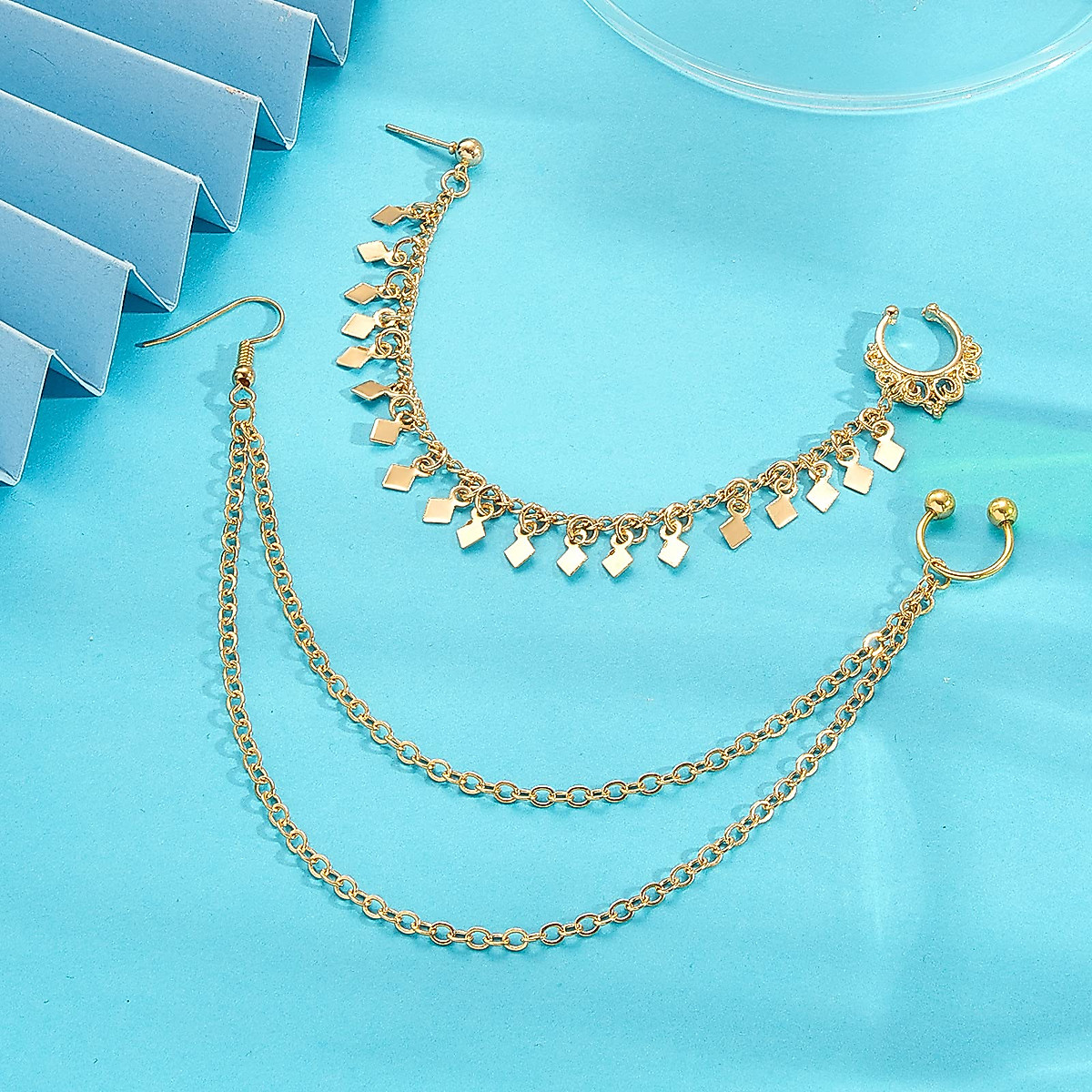 3 Pieces Nose Hoop Chain Rings Double-layer Septum Non Piercing Nose Hoop Ring Dangle Chain Earrings (Gold)