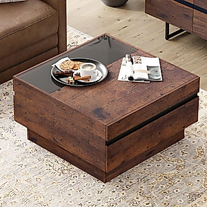 WAMPAT Modern Coffee Table, Square Living Room Coffee Table with Tempered Glass Top and Two Large Storage Drawers, 31.5"x 31.5", Brown