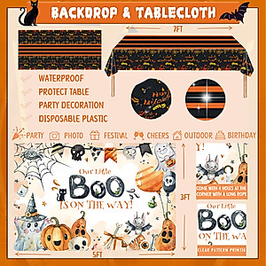 Our Little Boo is on the Way Baby Shower Decorations,Halloween Baby Shower Decorations for Boy Kit Backdrop Backdrop Banner Cake Cupcake Topper Tablecloth Spider Web for Baby Boy Shower Halloween