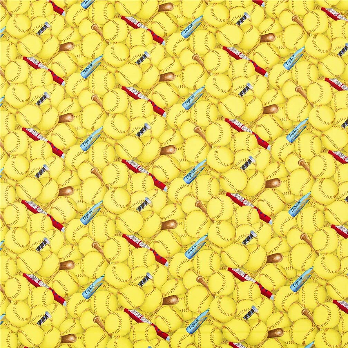 Softball yellow cotton fabric from the USA by Elizabeth's Studio, with balls and bats (per 0.5 yard)
