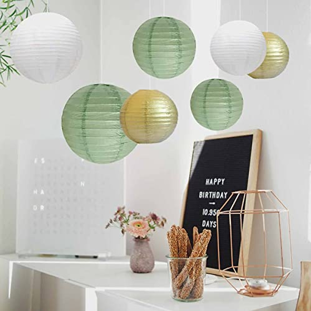 ANSOMO Sage Green White and Gold Paper Lanterns Party Decorations Chinese Japanese Hanging Decorative Birthday Baby Shower Bridal Wedding Greenery Neutral Home Décor 12 Pcs 12" 10" 8" 6"