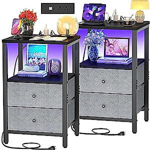 Cyclysio Night Stands Set of 2 with Charging Station, Night Stand with LED Lights, 25.6'' End Table Bedside Tables with 2 Drawers, 3 Tier Tall Night Stand with Storage for Bedroom Living Room, Black