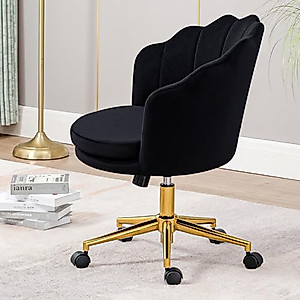Furniliving Home Office Chair Velvet Desk Chair, Upholstered Modern 360°Swivel Chair with Shell-Shaped Back, Rolling Wheels for Office, Study, Vanity, Bedroom(Black)