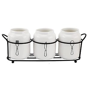 3-Piece Ceramic Silverware Caddy with Metal Rack, Cutlery Organizer Flatware Caddy for Countertop, White