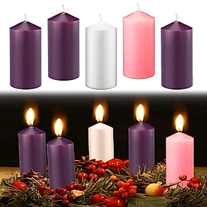MTLEE 5 Pcs Christmas Advent Pillar Candle 3x6 Inch Candle Unscented Solid Color Candles White Pink Purple Church Candles Lasting Burning Hand Poured for Holiday Gifts Home Decor (Pillar)