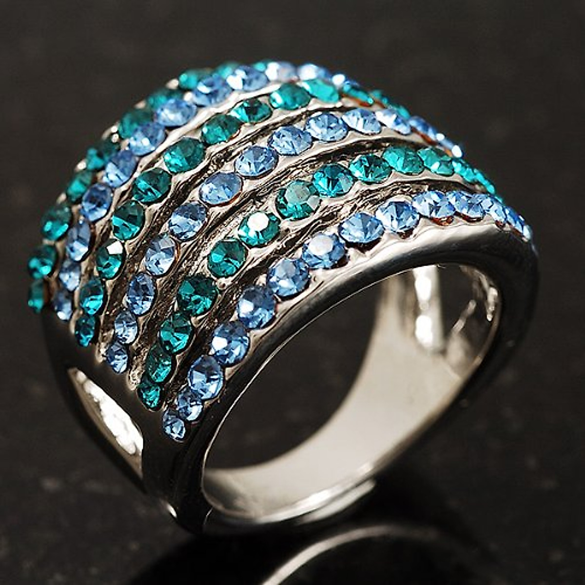 Avalaya Silver Tone Wide Crystal Band Ring (Light Blue & Teal) - size 7