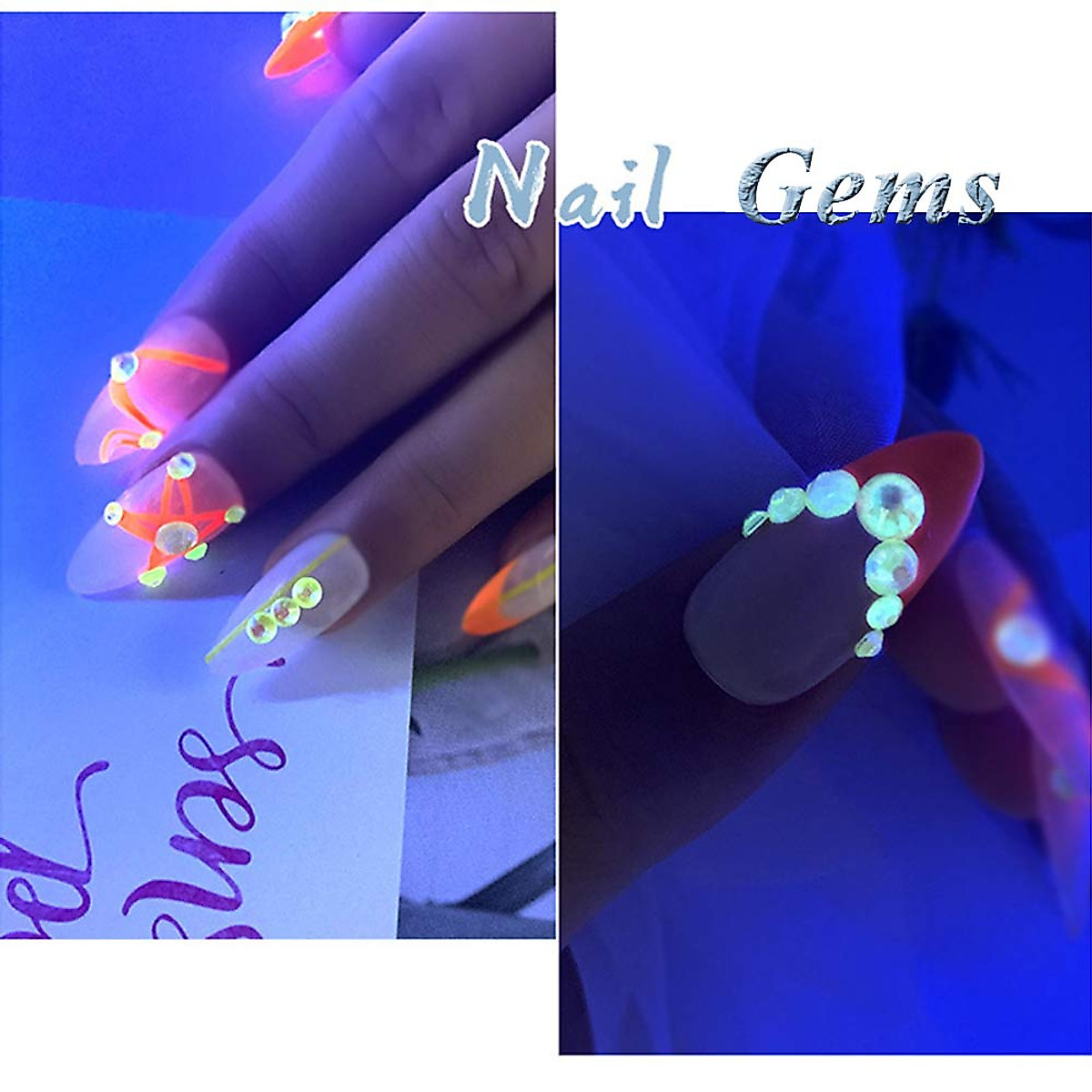 HERIS 8 Pack Mixed Glow Nail Art Rhinestones Fluorescent Diamonds Decorations Accessories Décor Crystals Gems for DIY Manicure