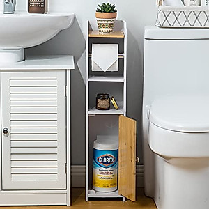 AOJEZOR Bathroom Storage Cabinet,with Toilet Paper Holder Storage Stand,Set of 2-White & Bamboo Small Bathroom Cabinet Fit for Toilet Paper Storage,Waterproof Toilet Cabinet Perfect for Small Space