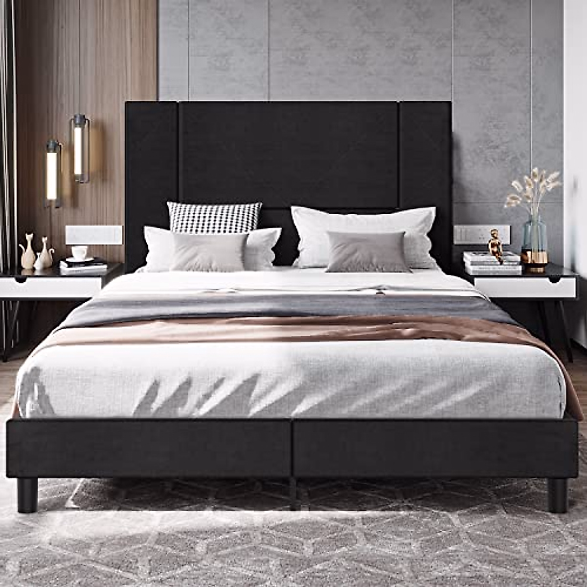 Flolinda King Size Bed Frame, Upholstered Bed Frame with Tall Tufted Velvet Headboard, Heavy Duty Metal Mattress Foundation with Wooden Slats, King Bed Frame No Box Spring Needed, Easy Assembly