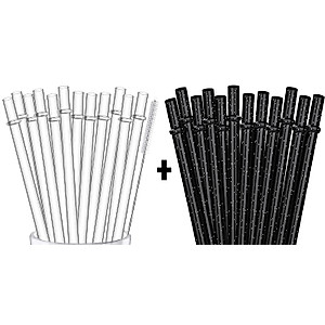 ALINK 12 Reusable Clear Straws + 12 Black Glitter Straws