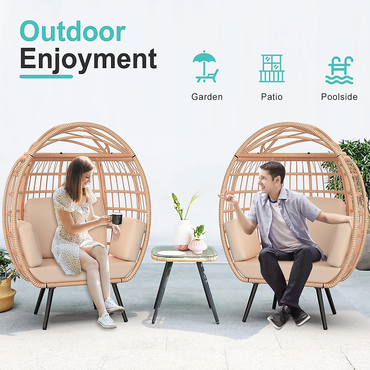 ZENPETIO Wicker Egg Chair, Oversized Indoor Outdoor Lounger with 4 UV Resistant Cushions, Storage Bag, All-Weather Wicker Egg Lounger Chair for Patio, Backyard, Living Room, 370lbs Capacity - Brown