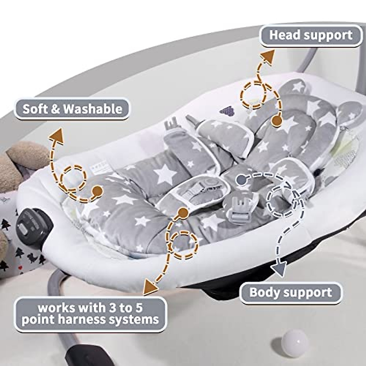 Infant Insert Compatible with 4moms mamaroo & Graco,Include 5 Pcs Strap Pad, Head and Body Support Insert Cushion for Newborn to Toddler,Works for 3 to 5-Point Harness Systems ,Grey