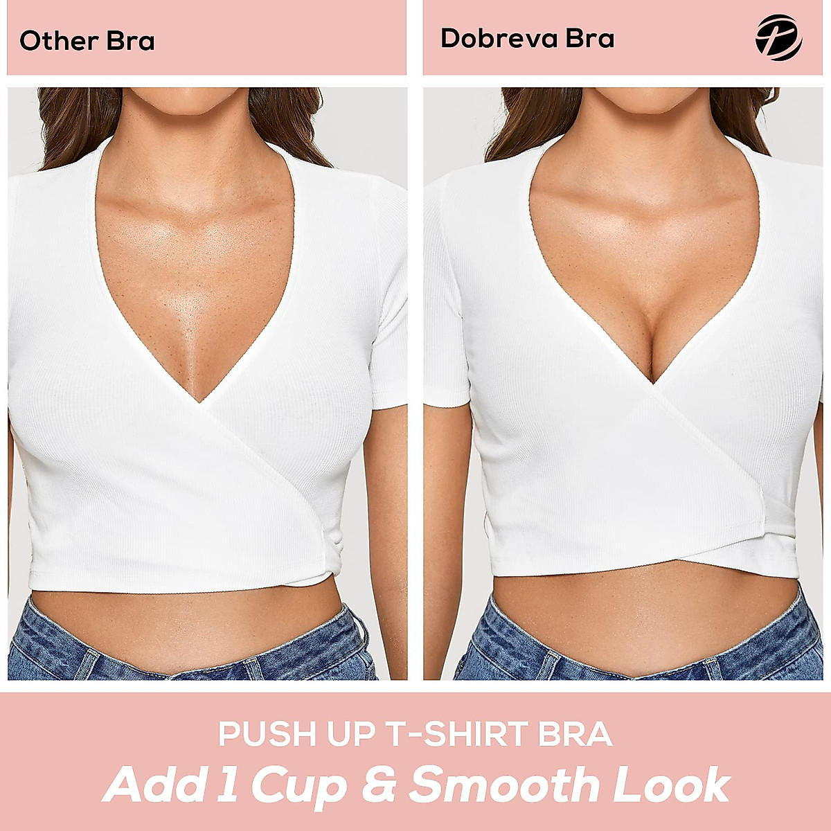DOBREVA Women's Push Up Wireless Bra Padded T Shirt Bras No Underwire Plunge Bralette Sea Fog 32D