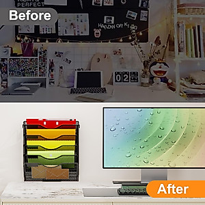 5 Pockets Wall File Organizer Hanging File Organizer Wall Mount Mail Organizer Magazine Rack, Mesh Hanging Wall File Holder Wall Organizer for Office Home