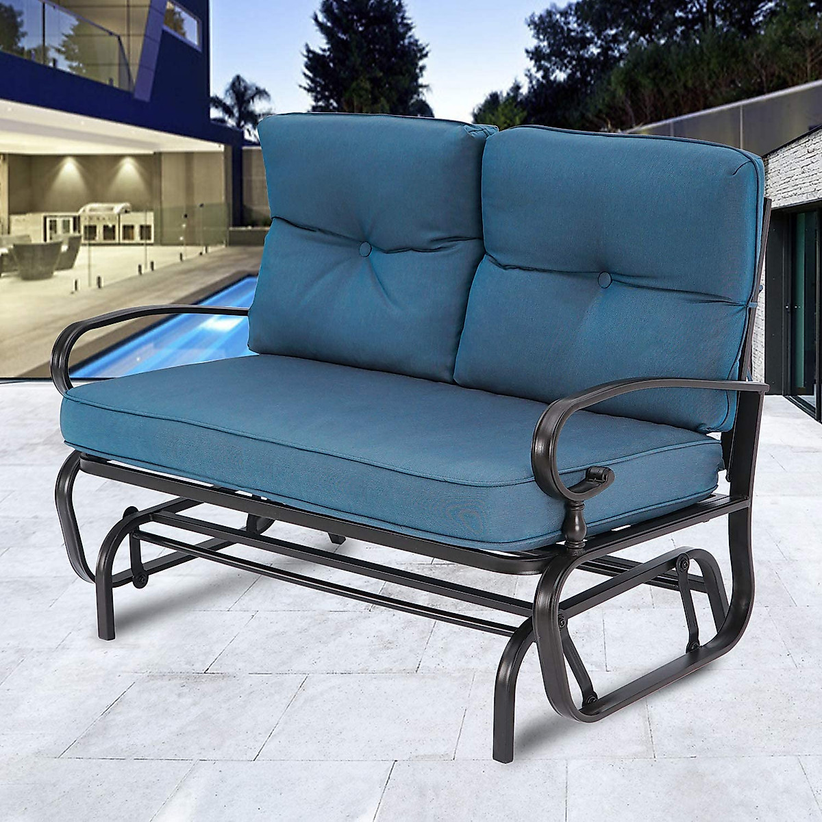 SUNCROWN Outdoor Swing Glider Chair, Patio 2 Seats Loveseat Rocking Chair with Cushions, Steel Frame Furniture - Peacock Blue