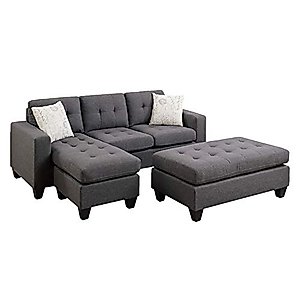 Poundex One Sectional with Ottoman and 2 Pillows in Gray, Blue Grey