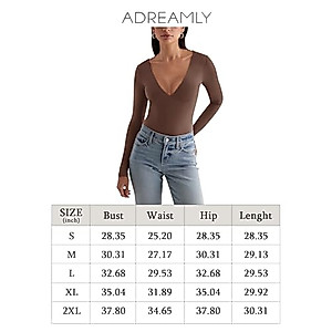 Adreamly Women's Sexy Deep V-Neck Double Lined Body Suit Tops Long Sleeve Slim Fit Lightweight Thong Bodysuits Khaki Small
